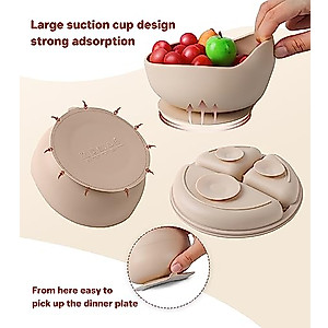 ECLIP Silicone Baby Feeding Set, 10 Pcs Baby Led Weaning Supplies with Suction Bowl Divided Plate Adjustable Bib Soft Spoon Fork Snack Cup with Lid Drinking Cup, Utensil (Beige)