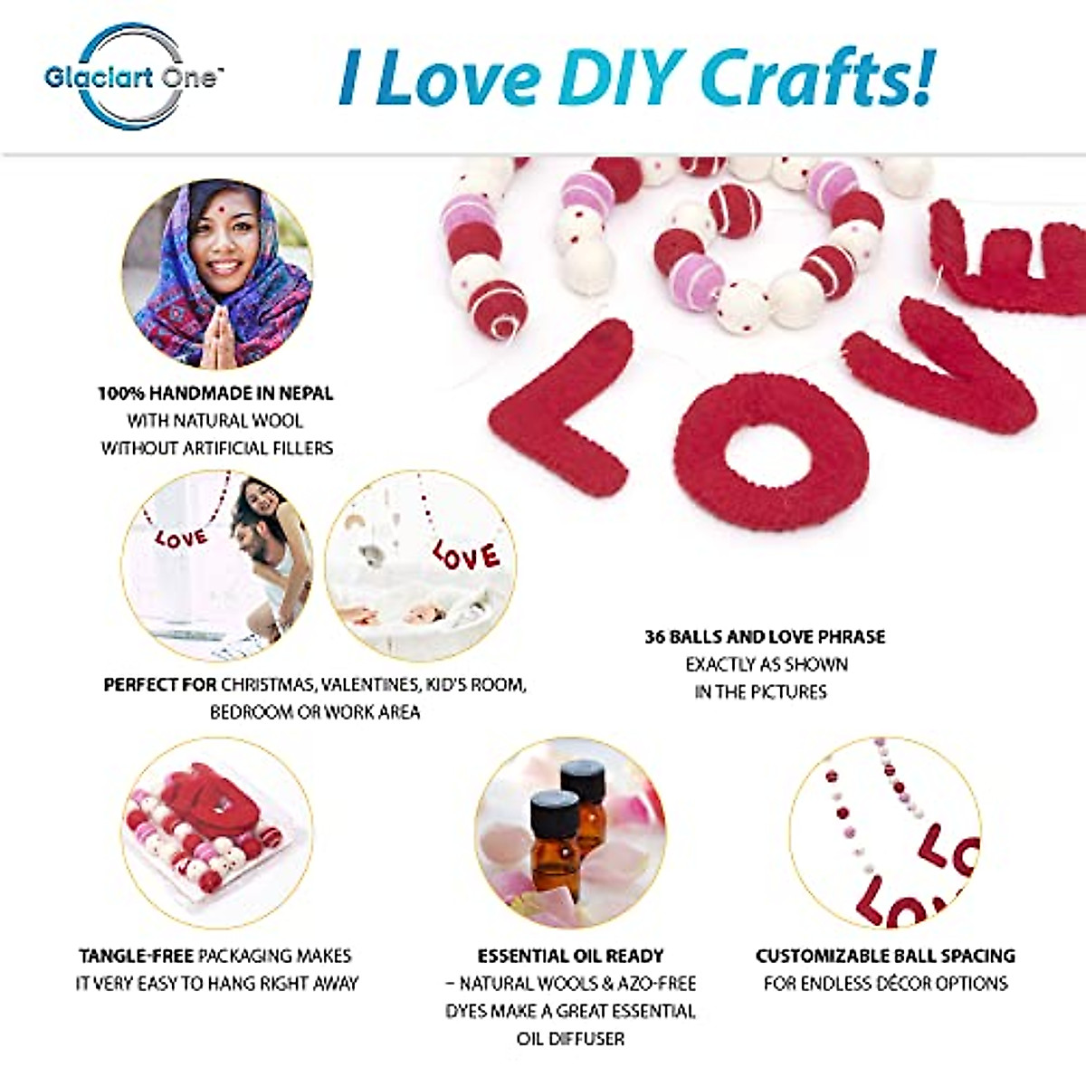 Glaciart One Felt Ball Garland Valentine - 7-Foot Decorative Wool Wall and Window Home Decor - Red, Pink, White, Swirl Balls for Valentines, Wedding, Baby Shower Party - 36 Balls, Love Banner