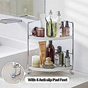 KINGBERWI 2-Tier Bathroom Corner Counter Organizer, Makeup Storage Shelf Vanity Tray, Bathroom Sink Countertop Organizer, Silver