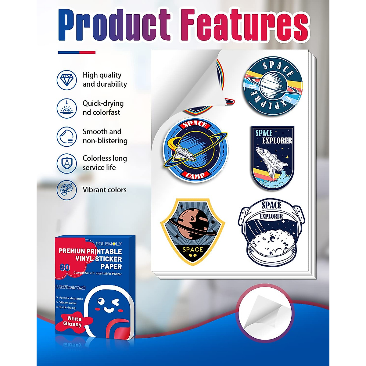 Sticker Paper Printable Vinyl for Inkjet Printer 80 Matte and 80 Glossy Quick Drying Waterproof Decals Self-Adhesive Tear resistance Non-residue Label Vivid Color Letter 8.5x11 In for Craft Laser