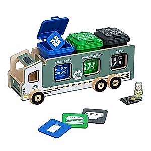 DUKVSG Large Wooden Garbage Truck Toy, Waste Management Recycling Truck Toy with 3 Trash Cans, Educational Toys and Gift for Kids, Toddlers, Boys, Girls 3 4 5 6 7 Years Old
