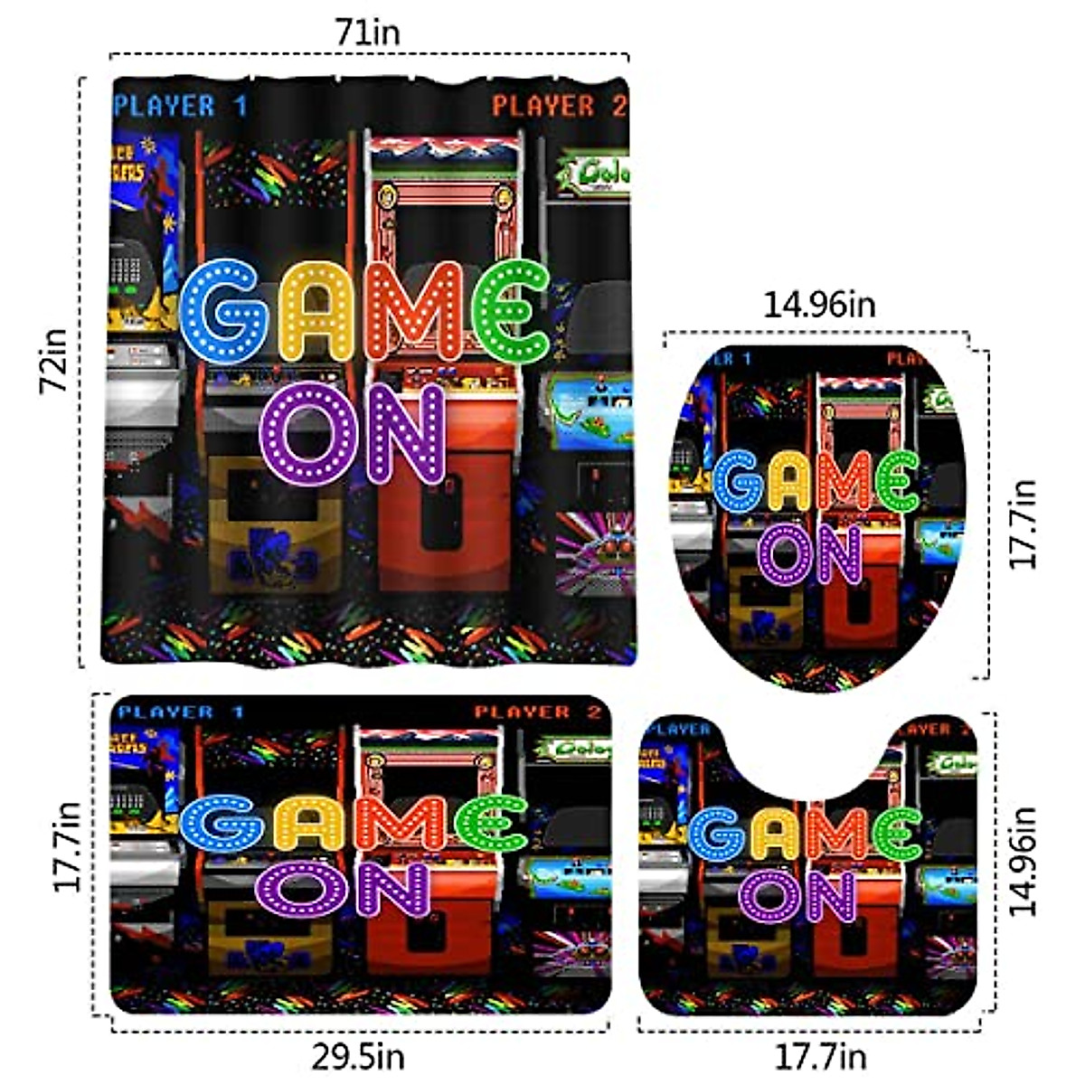 SDDSER Games Shower Curtain Set, 4PCS Play Game Kids Bathroom Shower Curtain Sets with 72 in Video Game Shower Curtain and Bath Mat, Toilet Lid Cover and U Shaped Rug, 12 Hooks, SETLSSD92