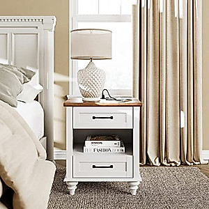 WAMPAT White Nightstand with Charging Station, Side Table with Two Drawers & Open Shelf, Mid-Century End Table Bedside Table with Solid Wood Legs, Night Stand for Bedroom, Living Room