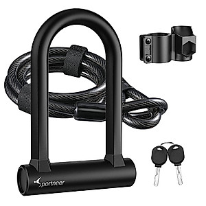 Sportneer Bike Lock: Heavy Duty Anti Theft Bike U Lock with 5ft Security Steel Cable - 17mm Shackle Bicycle U-Locks with Keys & Sturdy Mounting Bracket for Road, Mountain, Electric & Folding Bike