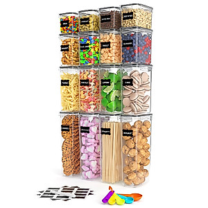 Tiawudi Airtight Food Storage Containers, 16pcs Plastic Containers for Kitchen Organization, Pantry Organization and Storage, Ideal for Spaghetti, Cereal, Flour & Sugar, with Labels and Spoon Set