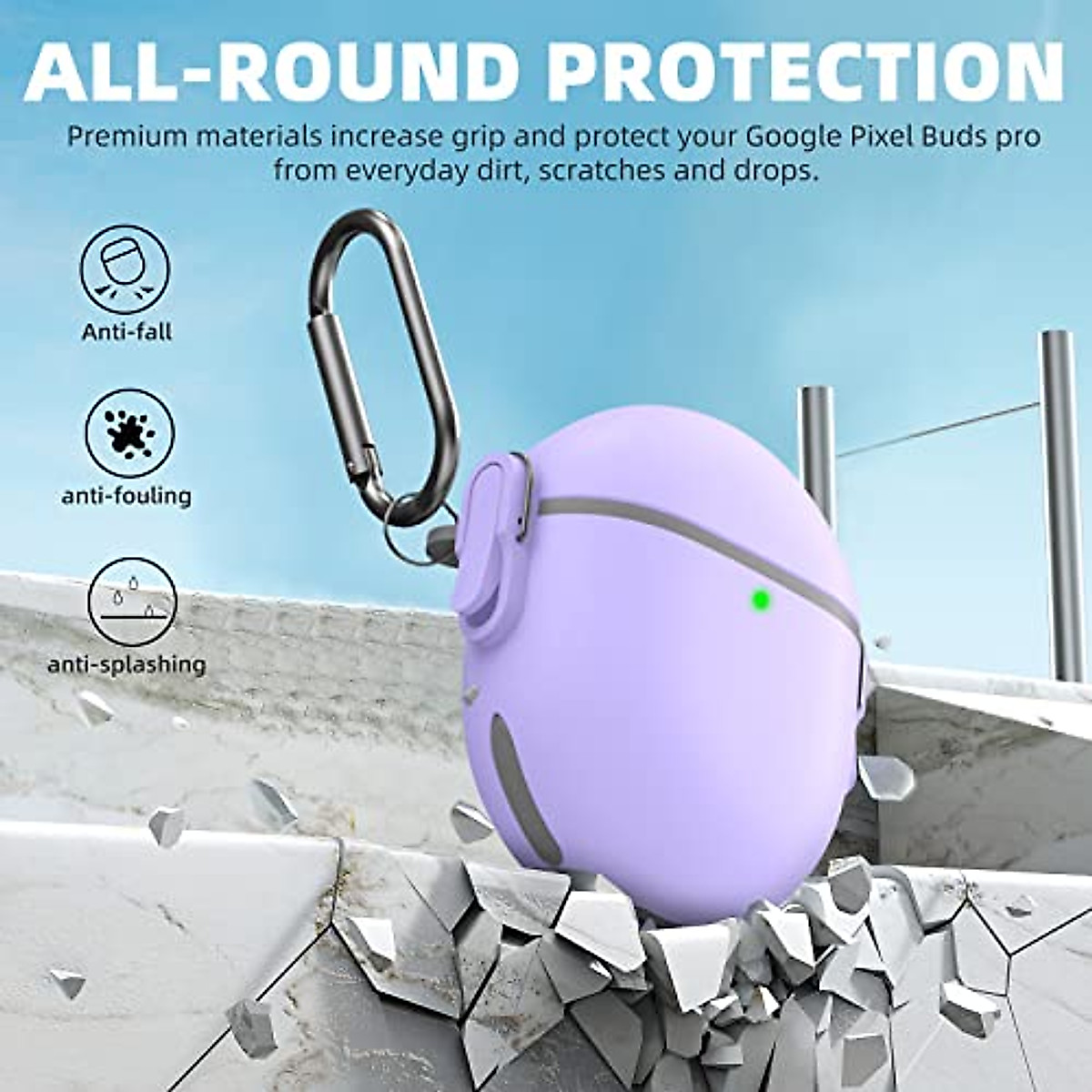 Google Pixel Buds Pro Case(2022), WOFRO Secure Lock Shock-Absorbing Protective Cover Skin for Pixel Buds Pro Accessories with Carabiner & Lanyard [One-Click Pop] (Purple)