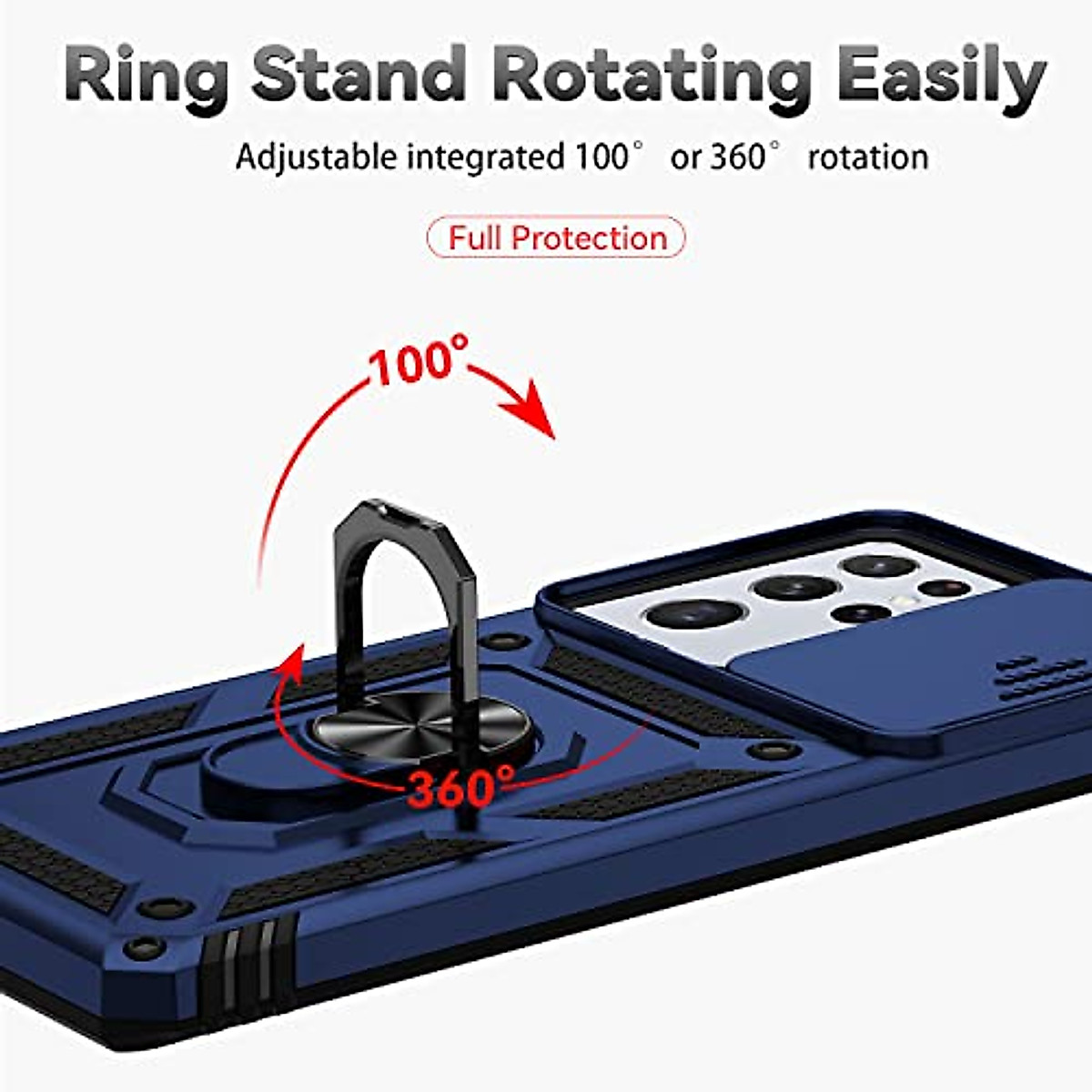 for Samsung Galaxy S21 Ultra Case with Camera Lens Cover HD Screen Protector,Military-Grade Drop Tested Magnetic Ring Holder Kickstand Protective Phone Case for Samsung Galaxy S21 Ultra 5G (Navy Blue)