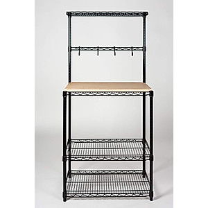 Omega 18" Deep x 42" Wide x 74" High Deluxe Black Bakers Rack with Top Shelf & Butcher Block