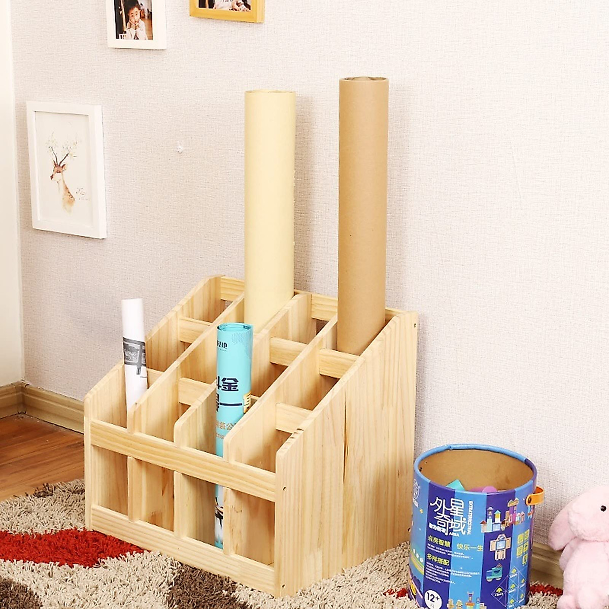 YLLFF Large Capacity Yoga Mat Storage Rack Floor Stand, 12 Compartment Wooden Yoga Mat Holder Carpets Organizer for Home, Gym, Easy to Install