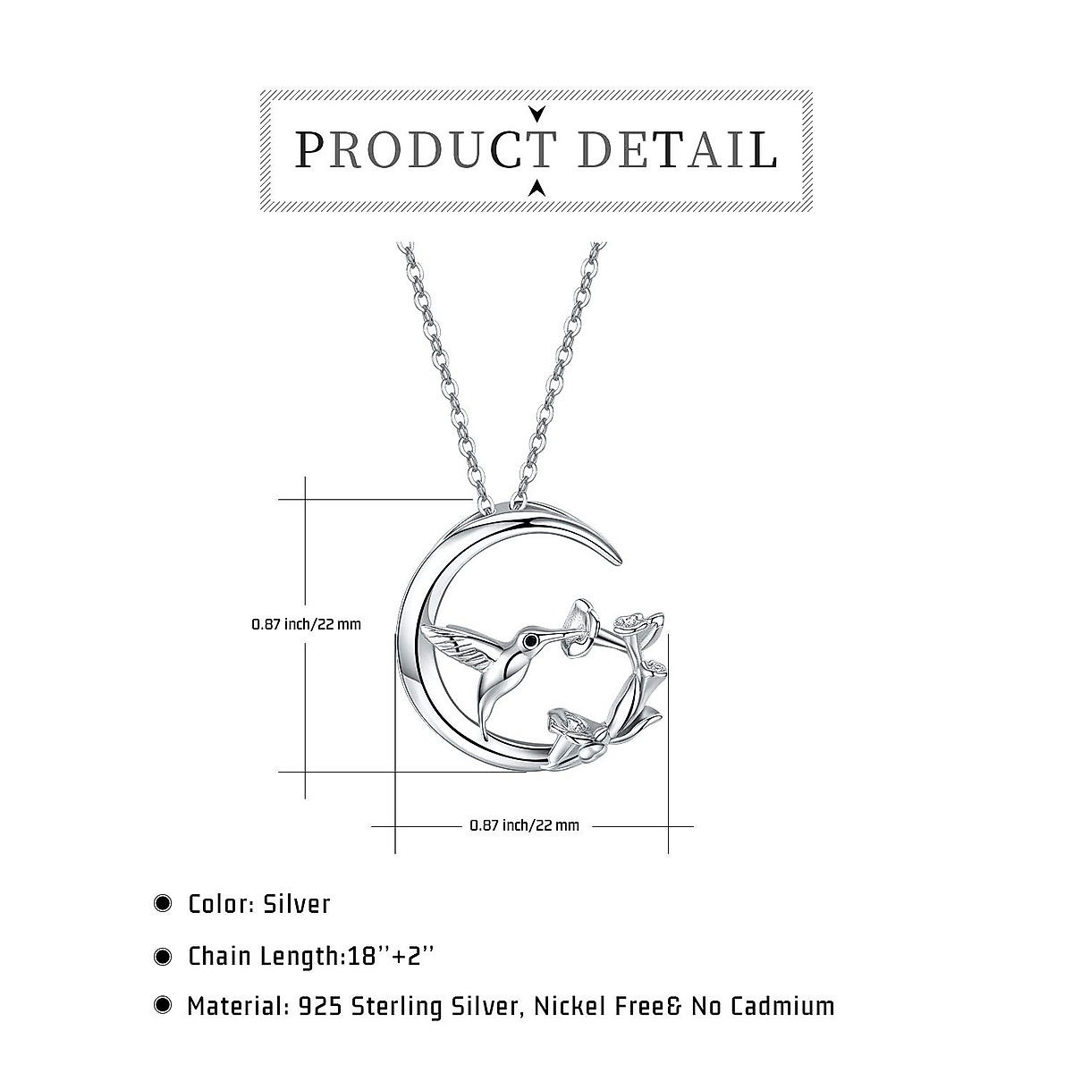 Hummingbird Necklace S925 Sterling Silver Jewelry Hummingbirds Gift for Women(Moon)