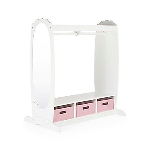 Guidecraft Dress Up Storage – White: Dramatic Play Costume Rack with Mirror and Tray - Kids Armoire, Dresser with Fabric Storage Bins