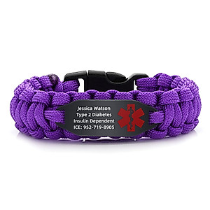 MAXZOOL Medical Alert Bracelets for Men Women | Personalized Purple Paracord Medical Alert ID Bracelet with Free Engraving | Stainless Steel Black Tag Medical Bracelet 9.0 Inches