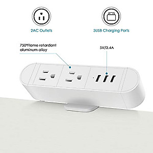Desk Clamp Power Strip,The Clamp Edge Mount Power Center,Aluminum Alloy Fireproof Desktop Power Socket,Desktop Charging Station(White) (2AC & 3 USB)