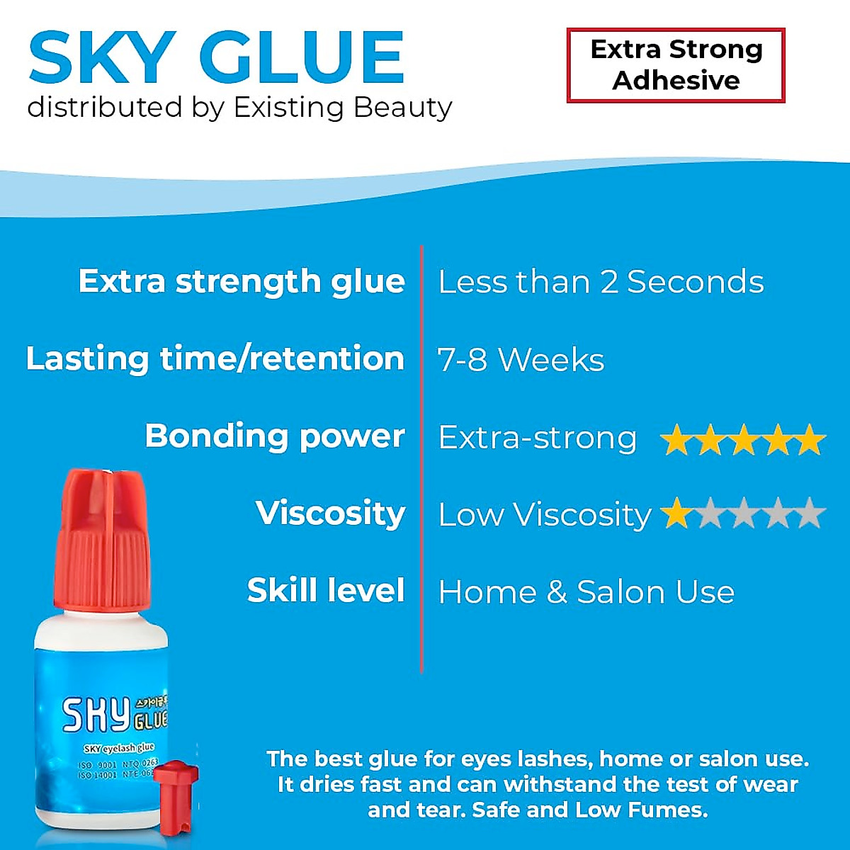 2 Pack Sky Glue S+ Eyelash Extension Glue Professional Use Only - Extra Strong Lash Extensions Adhesive 6-7 Weeks Retention and 1-2s Dry, Long Lasting Semi Permanent Black Glue - 2 Bottles 5 ml Ea