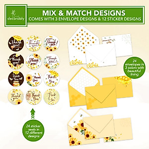Decorably Thank You Cards with Envelopes & Stickers - 24 Pack Honey Bee Thank You Cards with Envelopes & Stickers, Blank Inside Bee Note Cards, 6x4in Bee Notecards, Bee Cards with Envelopes
