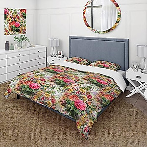 DESIGN ART Designart 'Red Yellow and Pink Flowers with Green Leaves' Traditional Duvet Cover Set King