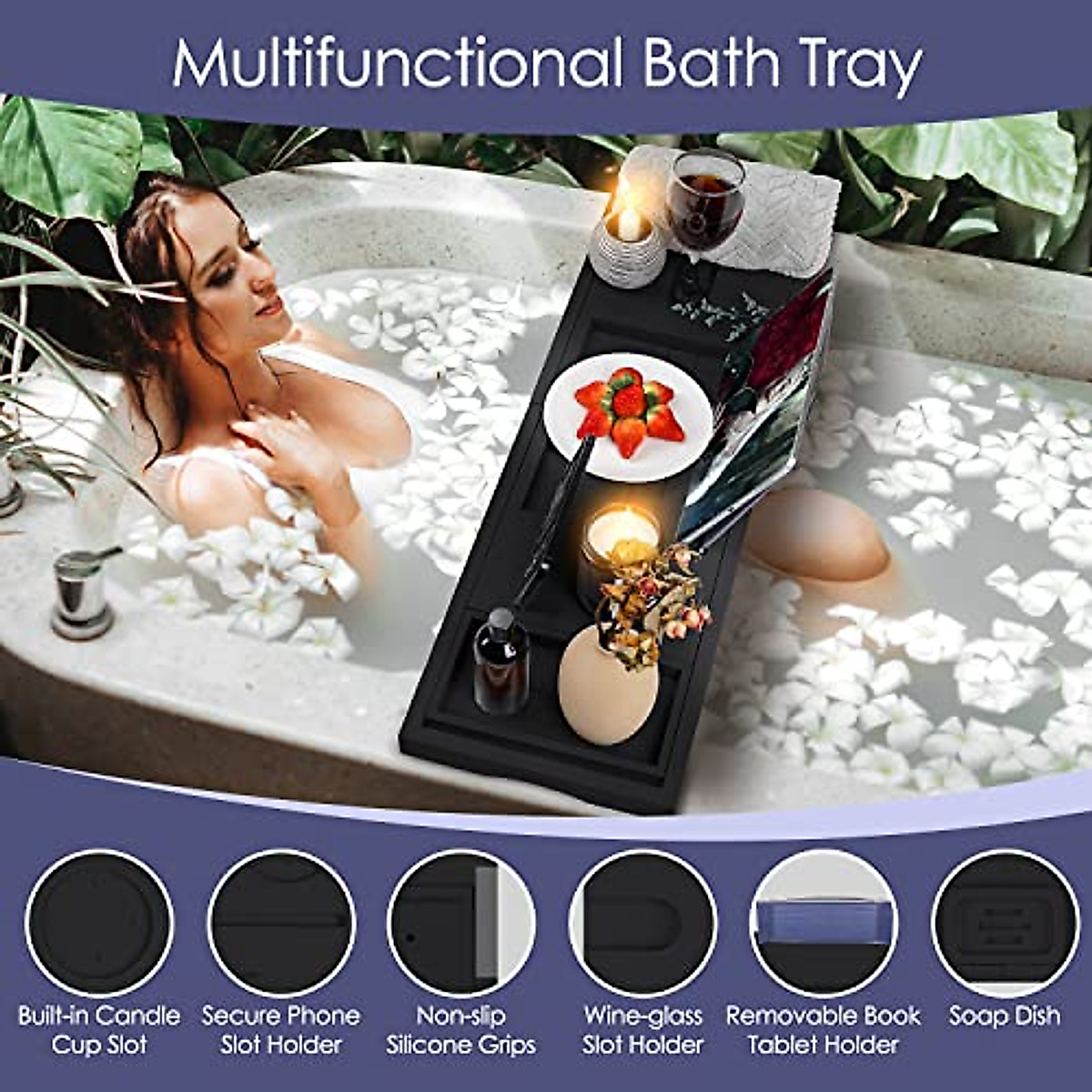Foldable Bathtub Caddy Tray, Bamboo Bath Tub Tray Table for Tub with Wine Glass Holder Book Phone Tablet Holder with Extending Sides, Adjustable Bathroom Bathtub Free Soap Holder Gift Idea (Black)