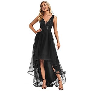 Ever-Pretty Women's Crew Neck Pleated Waist Short Sleeve Wedding Guest Dress Chiffon Bridesmaid Dresses Black US10