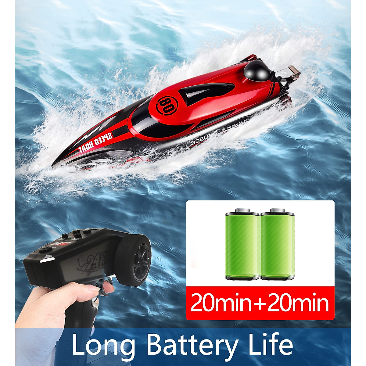 HONGXUNJIE 2.4Ghz RC Boat- 20+ MPH High Speed Remote Control Boat for Adults and Kids for Pools and Lakes with 2 Rechargeable Batteries, Low Battery Alarm, Capsize Recovery (RED)