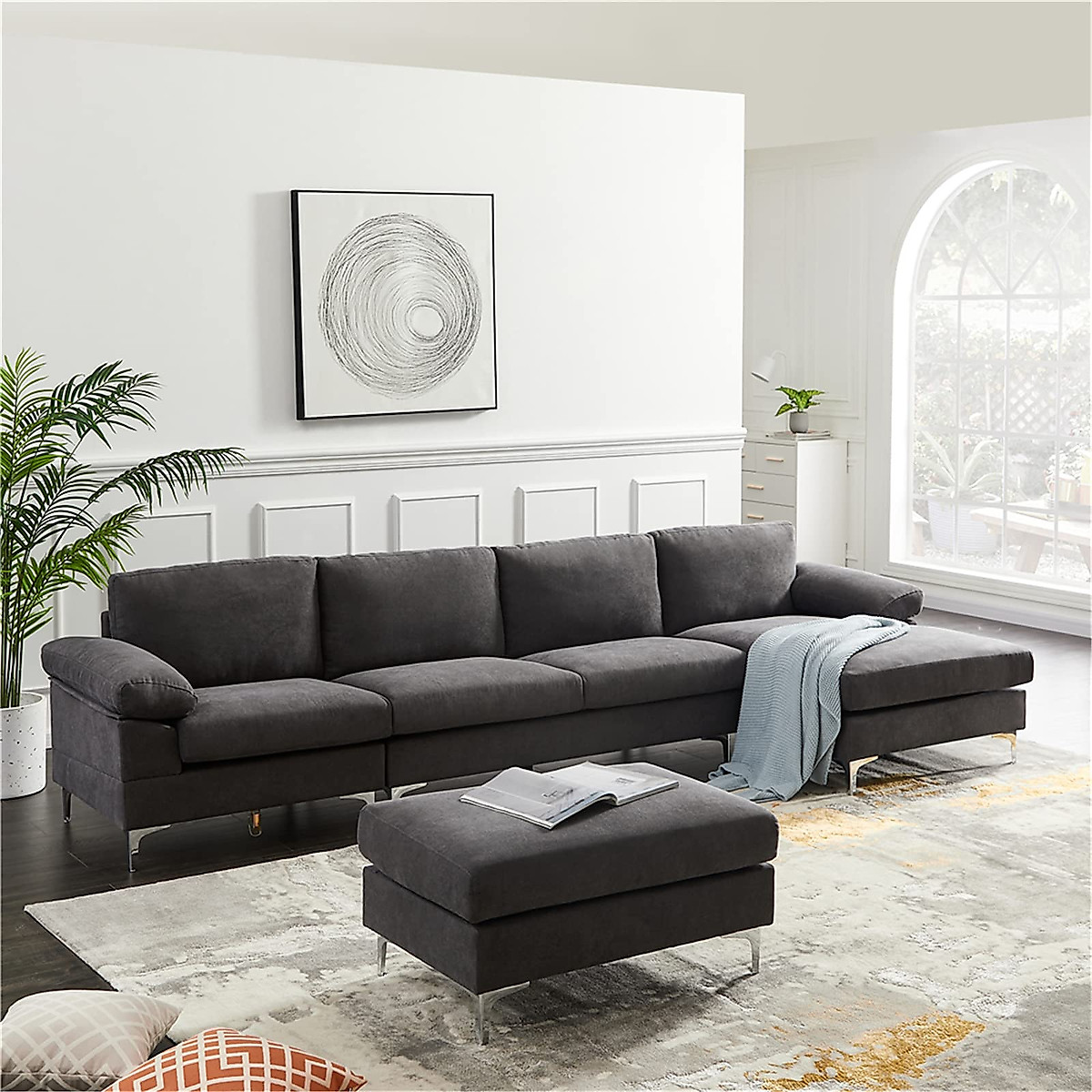 Knowlife Modern Corner Sectional Futon Sofa with Removable Cushions and Ottomans Convertible Sofa Couch for Living Room, 128”L (Dark Grey)
