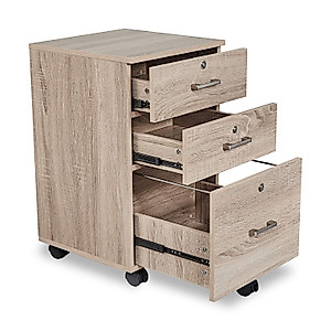 Bonnlo Upgraded 3-Drawer Rolling Wood File Cabinet with Lock, Mobile Filing Cabinet for Home Office, Under Desk File Cabinet for Hanging Letter Size Documents, Assembly Required, Oak, 26” H