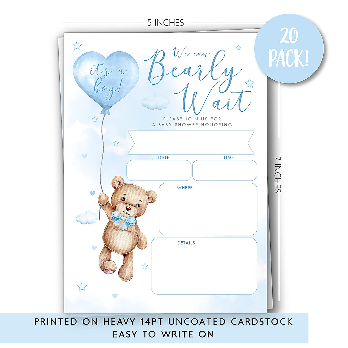 Your Main Event Prints Bear Baby Shower Invitations with Book Request and Diaper Raffle Card, We Can Bearly Wait Teddy, Forest Animal, Baby Sprinkle, 20 Fill in Invites