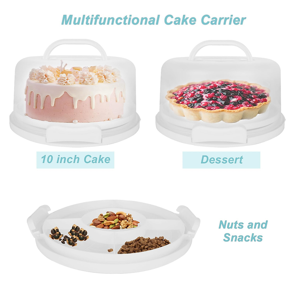 MIVIDE 10 Inch Cake Carrier with Lid, Portable Cake Holders Cake Container, Plastic Round Cake Storage Container Cake Saver with Lid and Handle for Transport