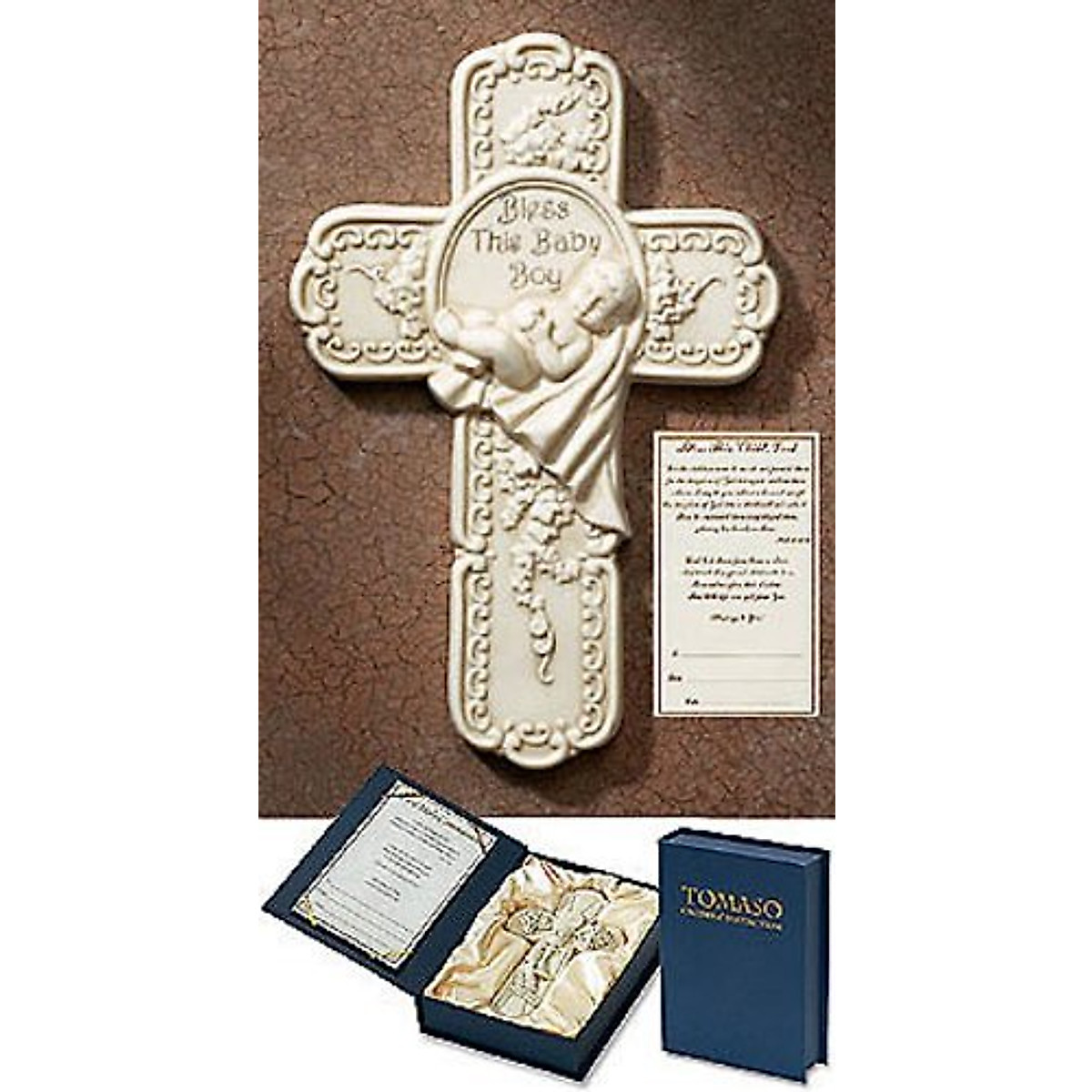 Bless This Baby Boy 7" White Resin Wall Cross with Deluxe Gift Box Religious Nursery Decor
