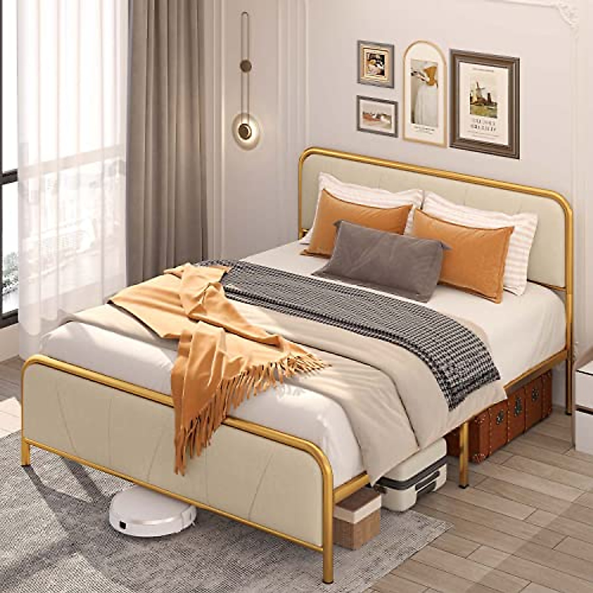 Gizoon Queen Size Bed Frame, Platform Bed Frame with Upholstered Headboard, Golden Heavy Duty Metal Mattress Foundation & Steel Slats, Sturdy, Noise Free, No Box Spring Needed (Beige)