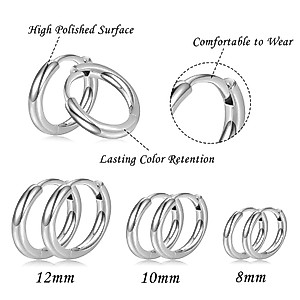 Small Silver Hoop Earrings- 3 Pairs of Hypoallergenic Cartilage Earring Hoop Sterling Silver Hoop Earring for Women Men (8mm 10mm 12mm)