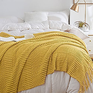 Mustard Yellow Throw Blanket for Couch Bed Sofa, Soft Knitted Throw Blanket with Decorative Tessels, Bubble Lightweight Textured Blanket 50 x 60 Inches