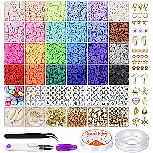 Gionlion 6000 Pcs Clay Beads for Bracelet Making, 24 Colors Flat Round Polymer Clay Beads 6mm Spacer Heishi Beads with Pendant Charms Kit and Elastic Strings for Jewelry Making Kit Bracelets Necklace