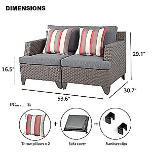 SUNSITT Outdoor Wicker Loveseat Patio Furniture with Grey Cushions, Sofa Cover & 2 Throw Pillows Included, Grey Brown PE Wicker