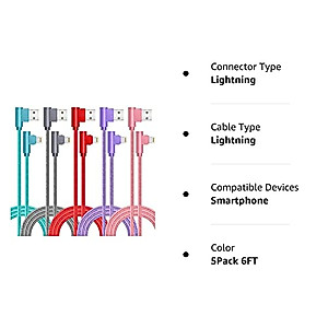 Jeercor iPhone Charger Cord Right Angle Lightning Cable 6FT 5 Pack 90 Degree Nylon Braid Charging Cord Fast Charging Compatible for iPhone 12/12pro/11/11pro/XS/MAX/XR/X/8P/8/7P/7/6 iPad