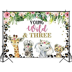 Mocsicka Young Wild and Three Backdrop Girls Safari Theme 3rd Birthday Party Decoration 7x5ft Pink Floral Leopard Photo Background for Birthday Banner (7x5ft (82x60 inch))