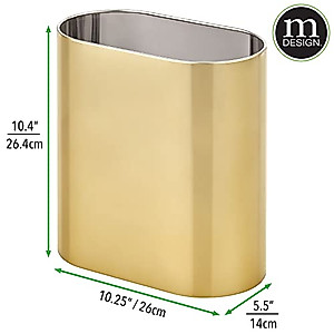 mDesign Slim Pill Shaped Metal 1.98 Gallon Recycle Trash Can Wastebasket, Garbage Container Bin for Bathrooms, Kitchen, Bedroom, Home Office - Durable Stainless Steel - Mirri Collection - Soft Brass
