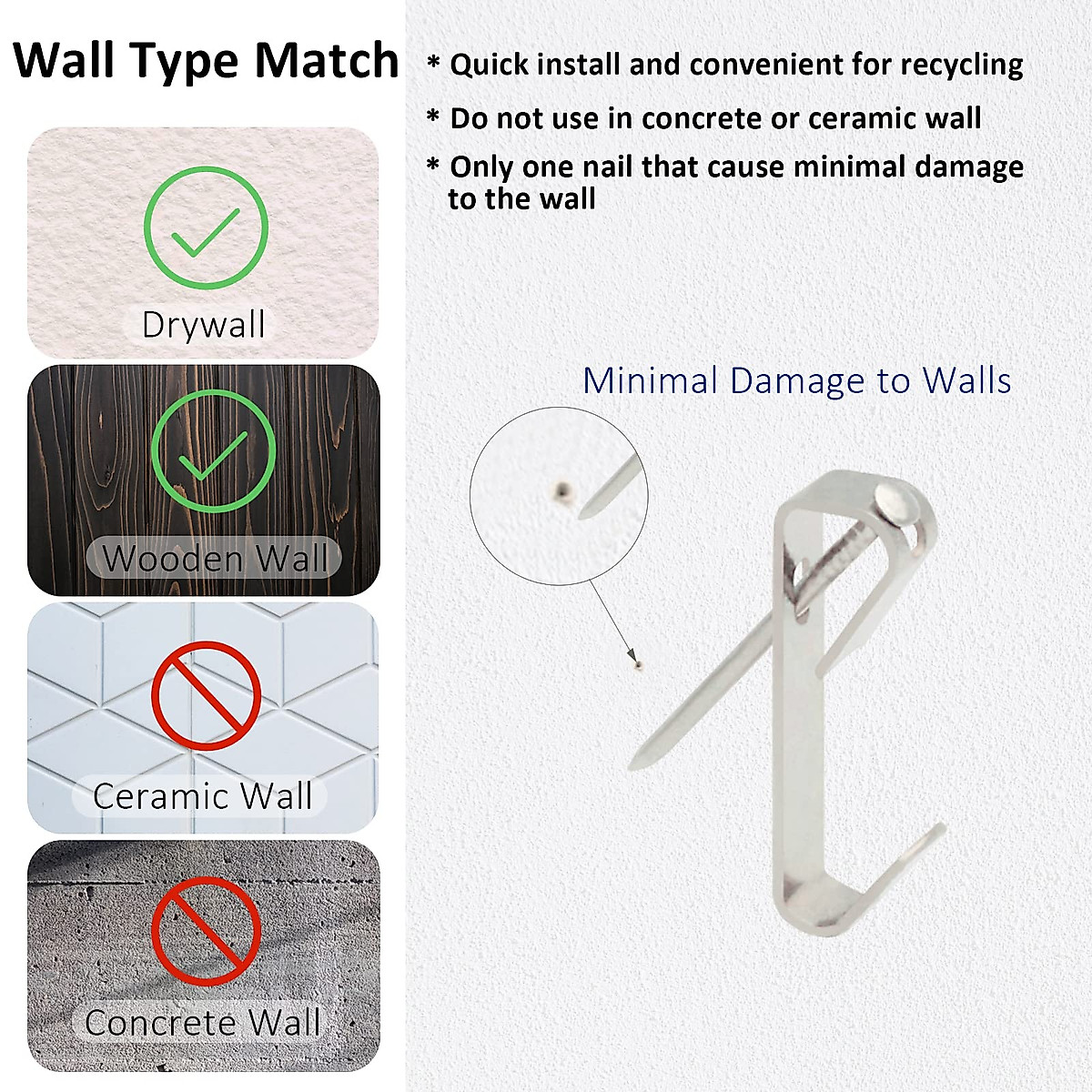 136Pcs Picture Hangers, 5 Sizes Hanging Kits Including 10/20/30/50/100lb Hooks, Sorted With Nails for Drywall Wooden Wall in Handy Storage Case (Silver)