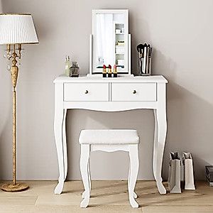 soges Makeup Vanity Table Set, 2-Drawer Dresser Desk, 360° Rotation Mirror, Cushioned Stool, Bedroom Dressing Table Set, White