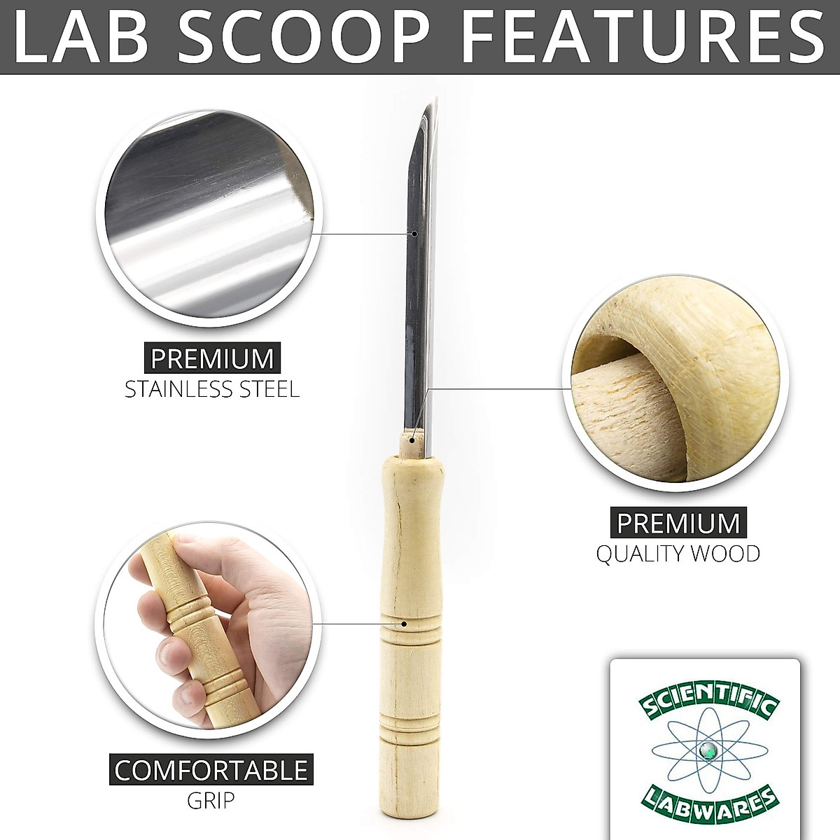 Scientific Labwares Lab Scoop Spatula with Wooden Handle - Pack of 6 - Soil Scooper Gardening Classroom Research Laboratory Veterinary Feeder