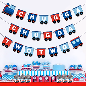 Chugga Chugga Two Two Banner, Train Happy Birthday Garland, Choo Choo Im Two Party Supplies, Railroad Birthday Party Decorations for Boys Train Theme 2nd Party Decor