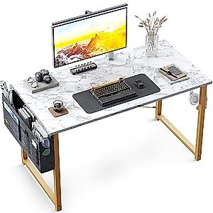 ODK Study Computer Desk 40 inch Home Office Writing Small Desk, Modern Simple Style PC Table with Storage Bag and Headphone Hook, White Marble + Gold Leg