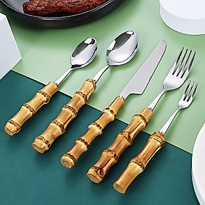 Tunkeny Bamboo Flatware Set Service for 12, 60 Piece Natural Bamboo Silverware Set Bamboo Handle Cutlery Utensil Set, Hand Crafted Bamboo Dinnerware Set, Mirror Finished (12 Sets-60 Piece)