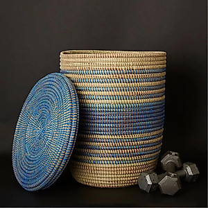 Handwoven Storage Basket Blue Stripe Flat Lid (16" Small)