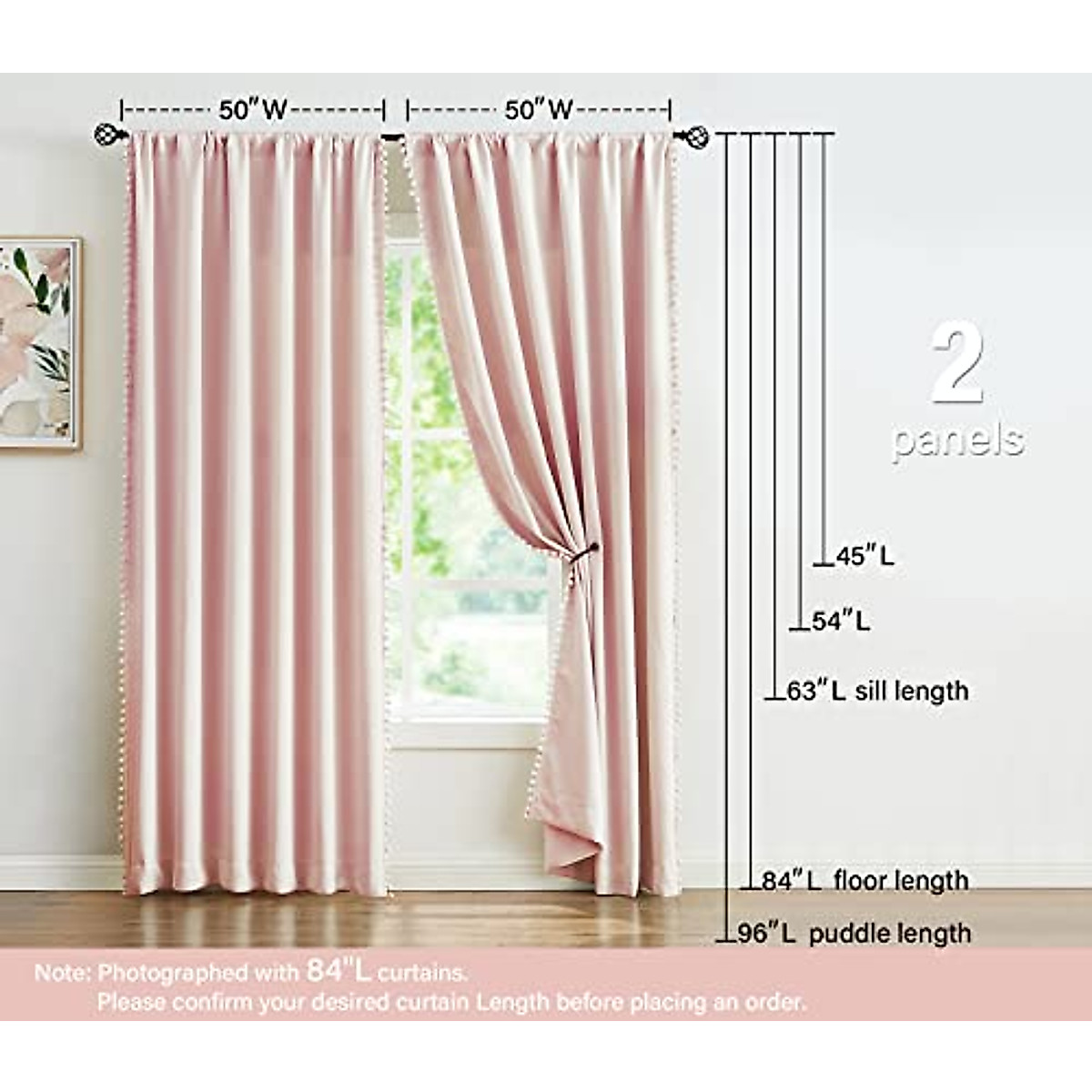 Pom Pom Curtains for Bedroom Pink Girls Room Blackout Window Drapes 63" Energy Efficient Thermal Insulated Living Room Darkening Curtain Panels 2pcs