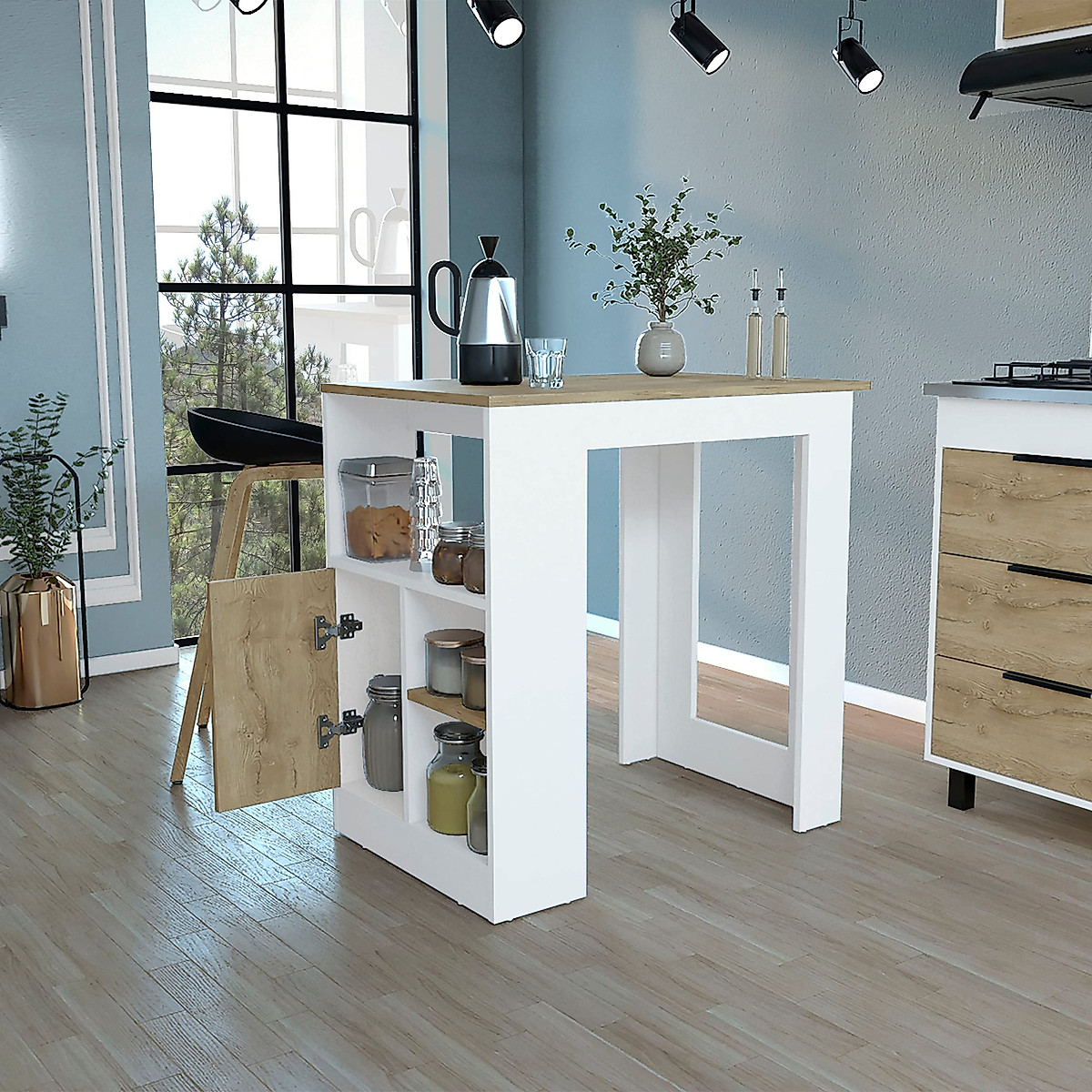 Depot E-Shop Masset Kitchen Island with Side Shelve and Push to Open Cabinet, White/Macadamia