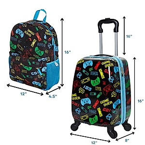 RALME 5 pc Boys’ Gaming Rolling Suitcase Set with Backpack, Neck Pillow, Water Bottle, and Luggage
