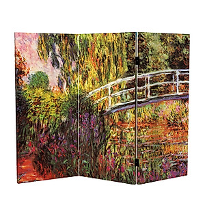 Red Lantern 3 ft. Short Double Sided Works of Monet Canvas Folding Screen 3 Panel Freestanding Partition and Separator for Modern and Contemporary Bedroom, Home Office, Studio, Dorm, Apartment