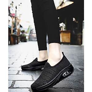 Cubicbee Women's Platform Walking Shoes Breathable Mesh Air Cushion Sneakers,Orthopedic Diabetic Walking Shoes,Casual Comfort Slip-On Beach Shoes (Black-1,9)