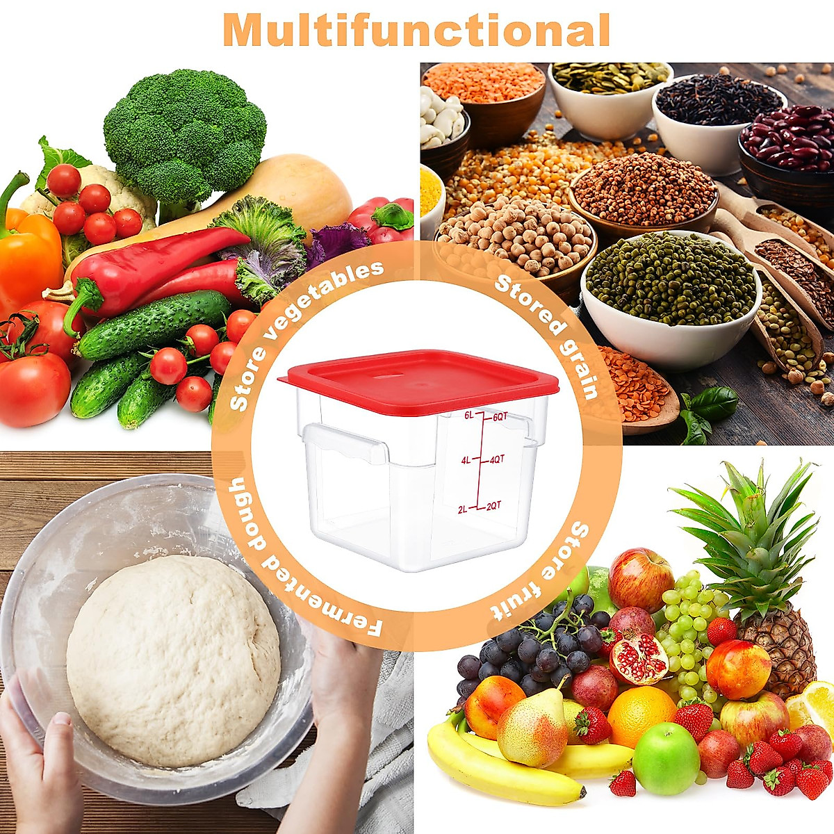 Ziliny 3 Sets 6 Qt Square Food Storage Containers with Lids Commercial Polycarbonate Containers with Scale Clear Airtight Cereal for Pantry Home Restaurant