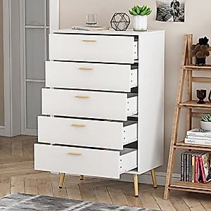 Homsee Modern Dresser Storage Chest with 5 Drawers, Wood Dresser Chest with Gold Metal Legs and Handles for Bedroom, Living Room, White (27.4”L x 15.6”W x 44.9”H)